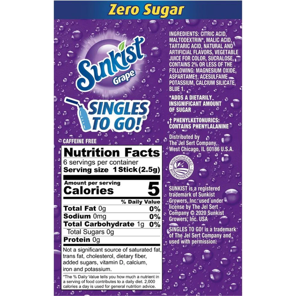 Sunkist Zero Sugar Singles-to-Go - Grape - 6 sticks - Low Carb Canada