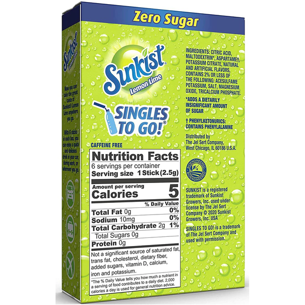 Sunkist Zero Sugar Singles-to-Go - Lemon Lime - 6 sticks - Low Carb Canada