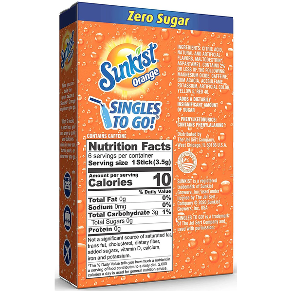 Sunkist Zero Sugar Singles-to-Go - Orange - 6 sticks - Low Carb Canada