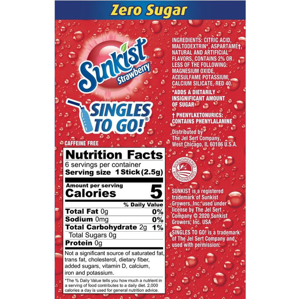 Sunkist Zero Sugar Singles-to-Go - Strawberry - 6 sticks - Low Carb Canada
