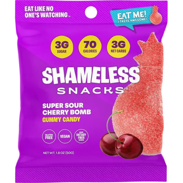 Shameless Snacks - Gummy Candy - Super Sour Cherry Bomb - 50g – Low ...