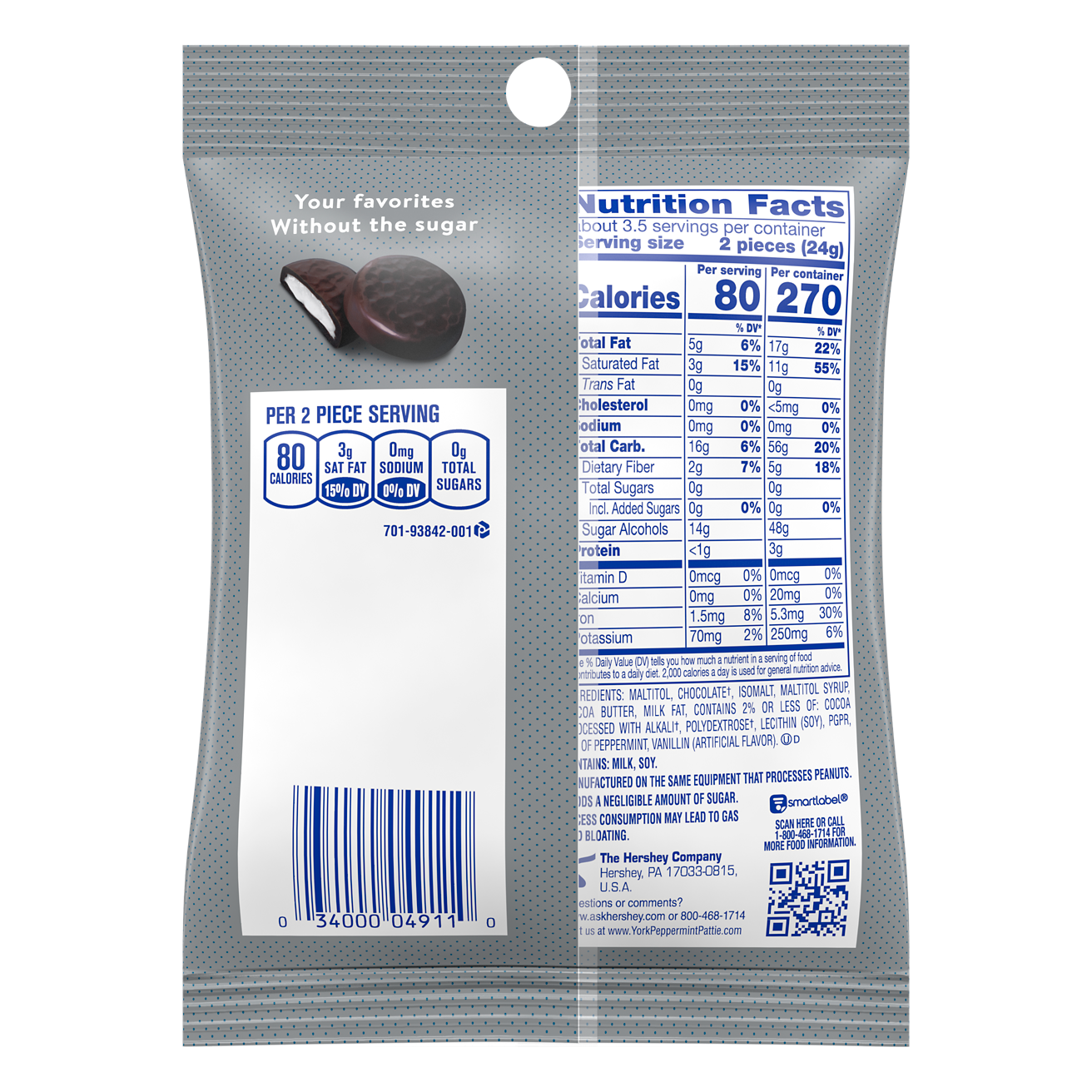 Hershey's - Zero Sugar Candy - York Peppermint Patties - 3 oz Bag - Low ...