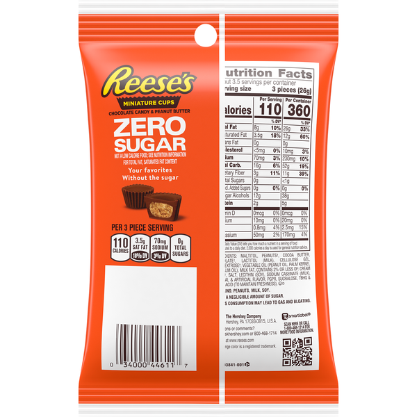 Hershey's - Zero Sugar Candy - Reese's Peanut Butter Cups - 3 oz Bag ...